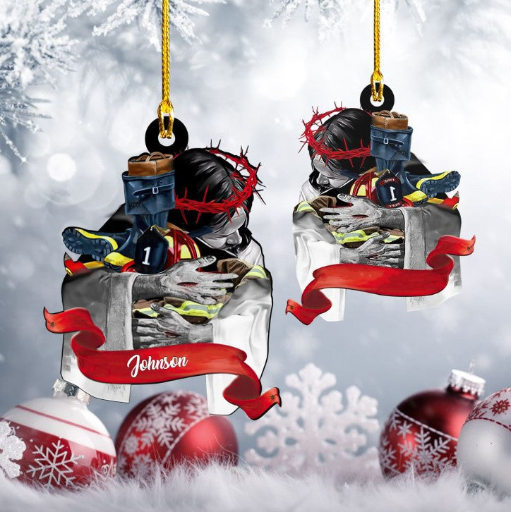 Customized Jesus Hug Firefighter Christmas Acrylic Ornament for Him OO ...