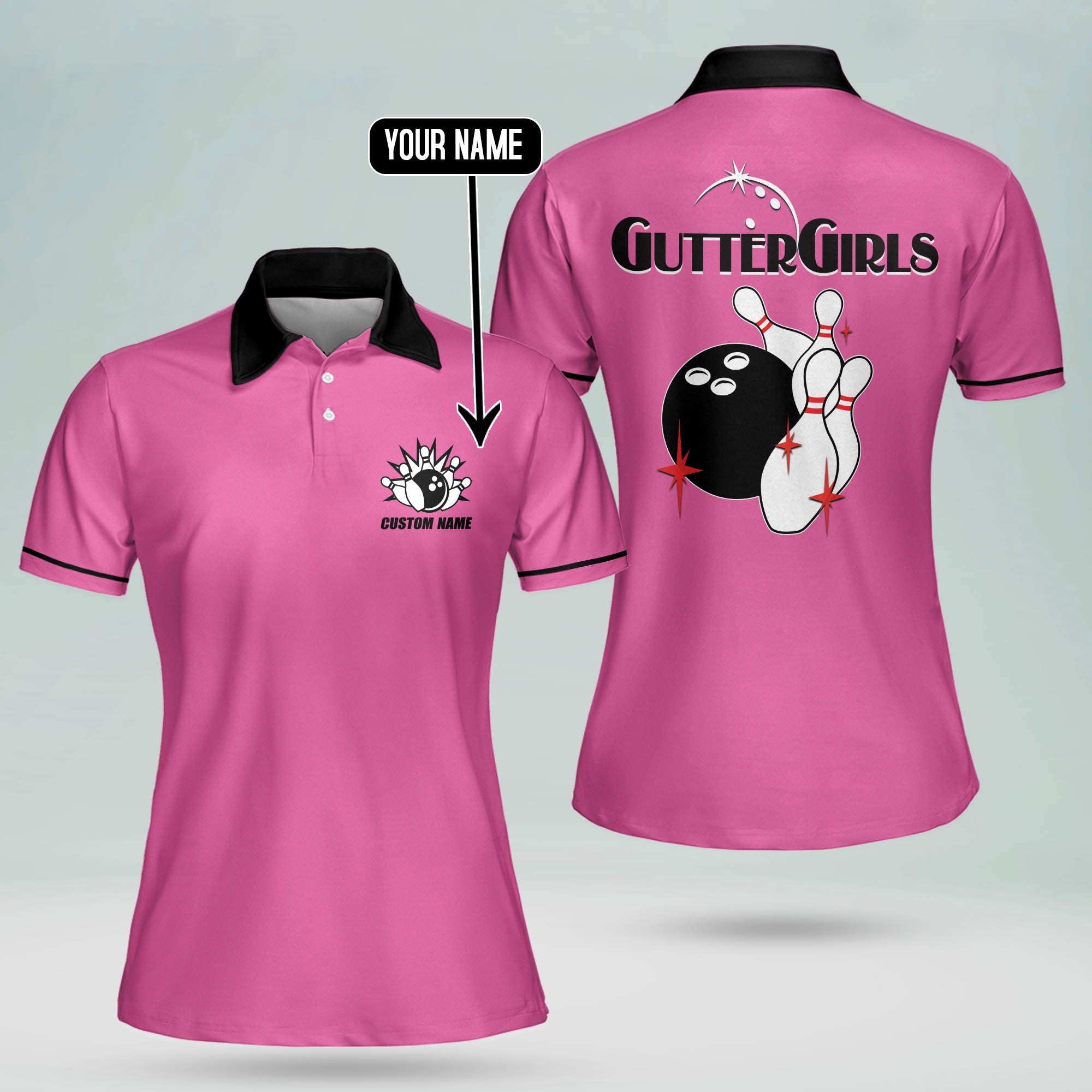 Custom Bowling Polo Shirts For Women - Custom Pink Ladies Bowling Shirt ...