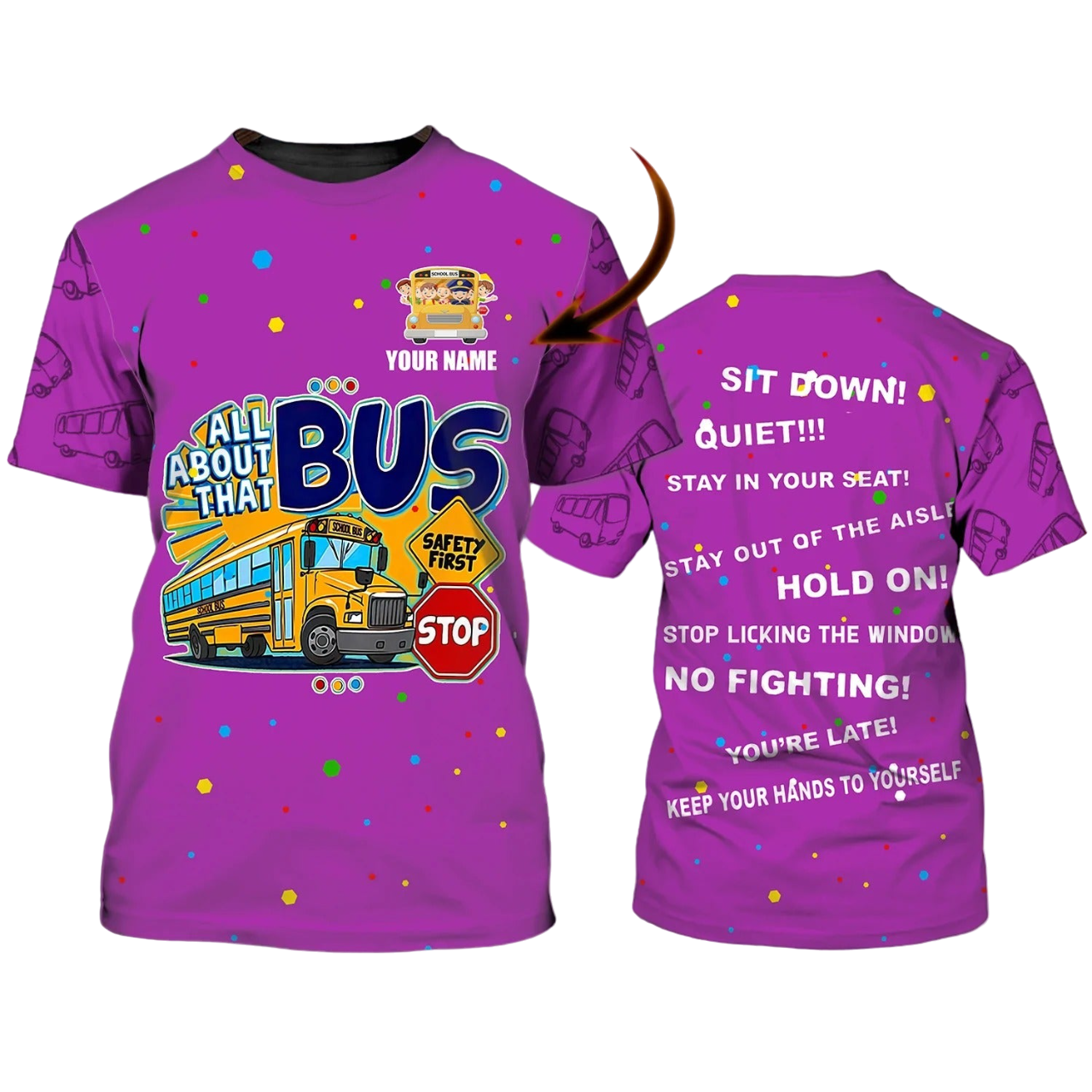 Custom 3D Purple Bus T Shirt, All About That School Bus Tshirt Men Wom ...