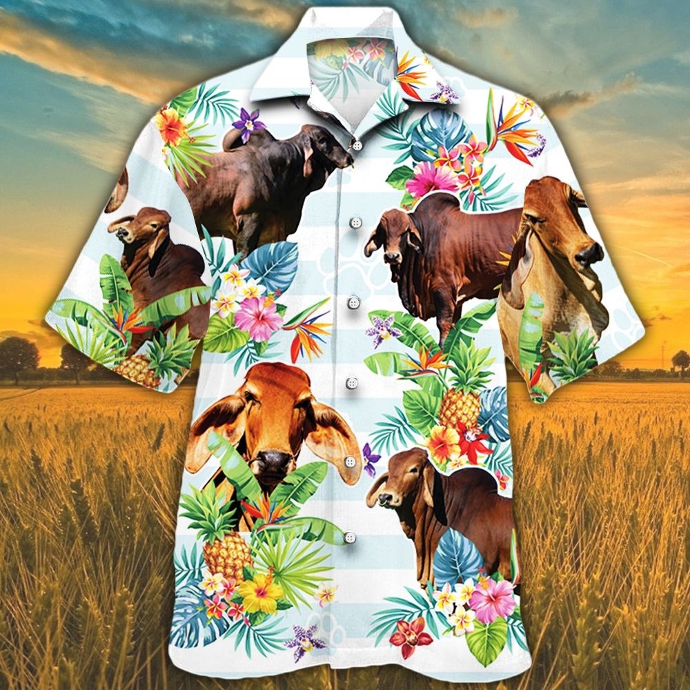 Red Brahman Cattle Lover Tropical Flower Hawaiian Shirts For Cow Lover ...