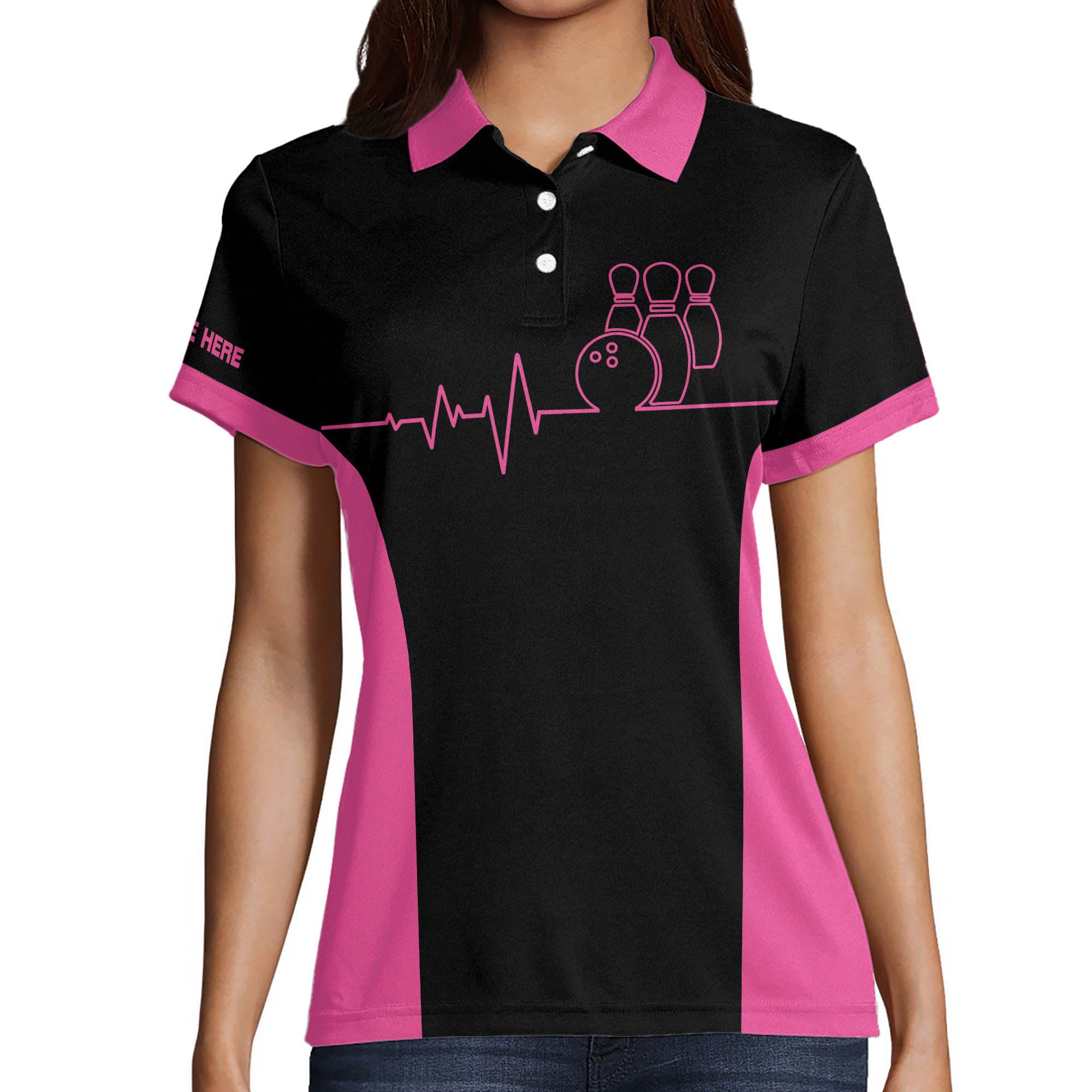 Lasfour Custom Bowling Shirts For Women, Heartbeat Pulse Line Pink ...